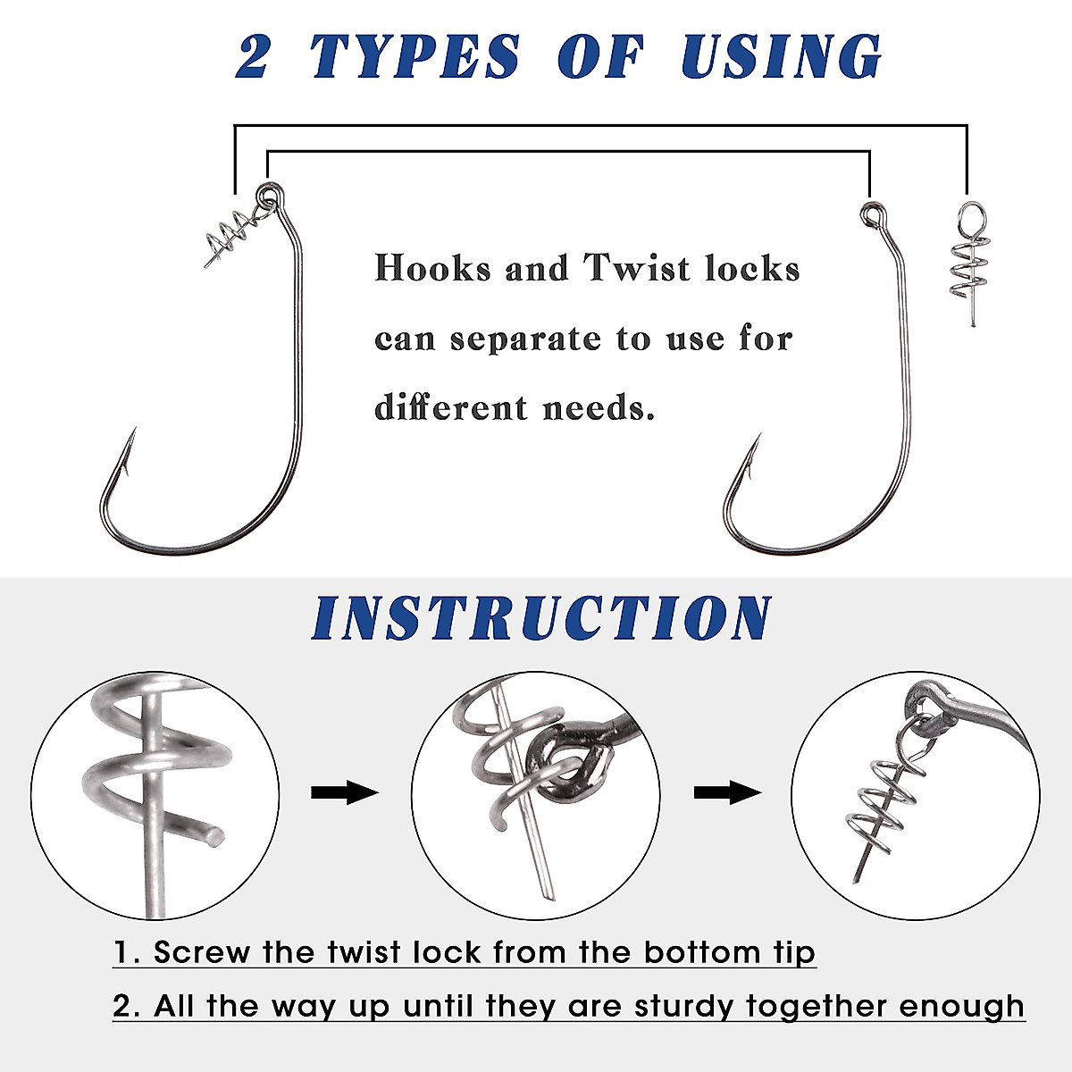 Twistlock Fishing Hooks,50pcs Worm Hooks with Centering Pin Spring Unweighted Swimbait Hooks for Soft Plastic Lures Baits Bass Fishing