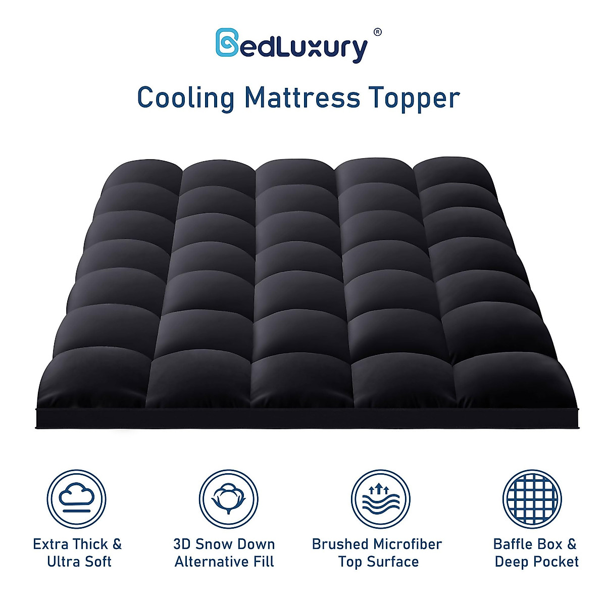 BedLuxury Full XL Black Mattress Topper Mattress Pad Cover Plush Soft Pillowtop with Elastic Deep Pocket Overfilled Down Alternative Filling