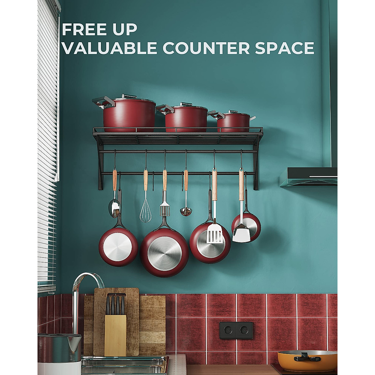 OROPY 23 Inch Wall Mounted Pot Rack Storage Shelf with 2 Tier Hanging Rails 12 S Hooks included, Ideal for Pans, Utensils, Cookware, Plant Black