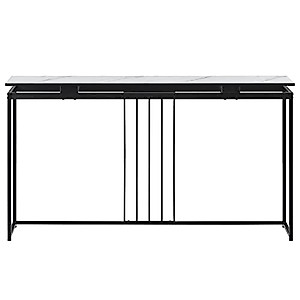 63" Modern Console Table, Rectangular Sofa Side Table with Faux Marble Tabletop Narrow Long Entryway Table with Black Metal Frame for Living Room, Couch, Hallway, Foyer, Kitchen Counter, White+Black
