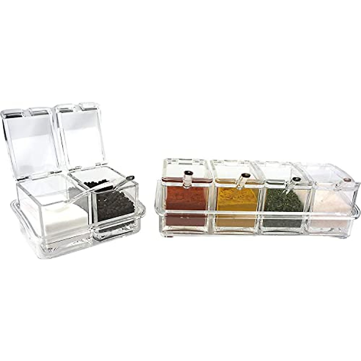Six Compartment Condiment & Spice Box Serving Set with Spoons - 2 & 4 Section Seasoning Storage Container Rack Combo Set with Removable Cruet Jars (5.75 oz capacity each) | by ImpiriLux