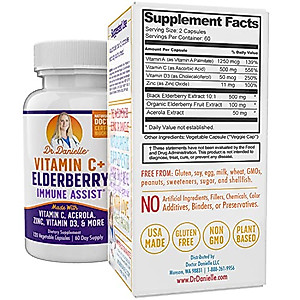 Best 7 in 1 Immune Support Booster Supplement with Elderberry Sambucus, Vitamin C, Zinc, Organic Elderberry - Dr. Danielle, 120 Capsules