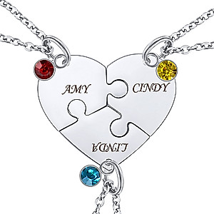 Fanery Sue Personalized Puzzle Pieces Heart Shape Necklace/Kaychain for Best Friends Family Custom Name/Date with Birthstone