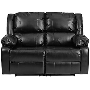 BizChair Black LeatherSoft Loveseat with Two Built-In Recliners