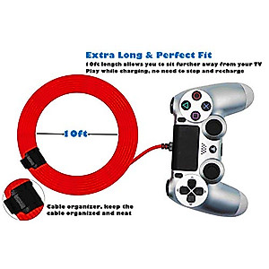 2 Pack 10ft Charging Charger Cable for PS4 Controller, Nylon Braided USB Charge Cable Data Sync Cord with Customized Connector for Sony Playstation 4/ PS4 Slim/ PS4 Pro Controllers (ONLY Fit PS4)