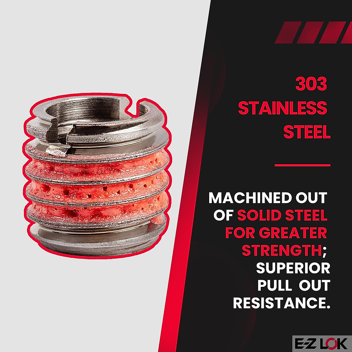E-Z Lok Externally Threaded Insert, 303 Stainless Steel, 3/8"-16 Internal Threads, 9/16"-12 External Threads, 0.515" Length, Made in US (Pack of 5)