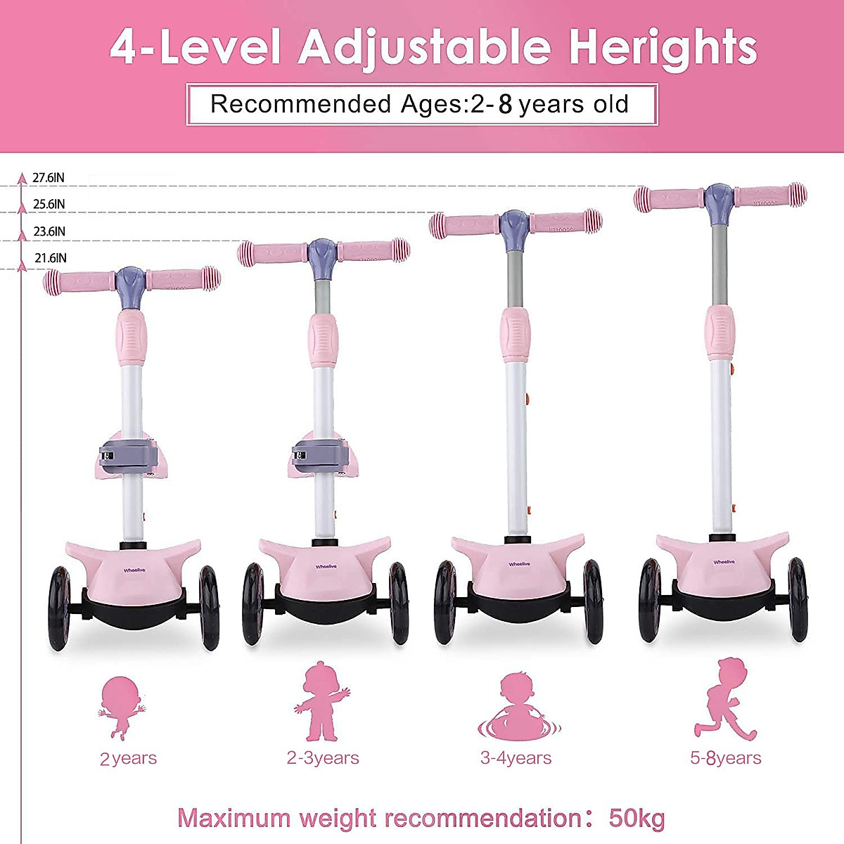 Wheelive 2 in 1 Kick Scooter with Removable Seat, 3 LED Wheels Kick Scooter for Kids, 4 Adjustable Height & Foldable Design Toddler Scooters Sit or Stand Ride for Boys & Girls 2-8 Years Old (Pink）