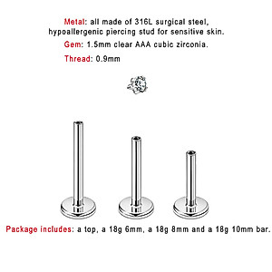 FANSING Surgical Steel Earrings Silver Cartilage Earring Stud Conch Piercing Jewelry Helix Tragus Earrings for Women 1.5mm Clear CZ End with 18g 6mm 8mm 10mm Internally Threaded Labret Post