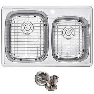 CozyBlock 33 x 22 x 9 Inch 60/40 Offset Top-mount/Drop-in Stainless Steel Double Bowl Kitchen Sink with Strainer and Protective Bottom Grid - 18 Gauge Stainless Steel-1 Faucet Hole