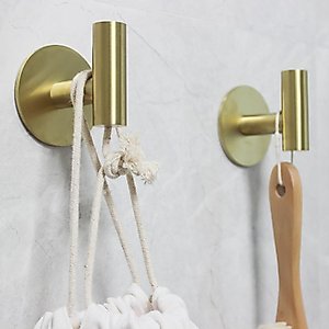 Goguoyuhe Wall Adhesive Hooks for Hanging Heavy Duty Brushed Gold Sticky Hooks Waterproof SUS304 Stainless Steel Tower Hooks for Bathroom Kitchen Livingroom Garage Hotel - 2 Pack