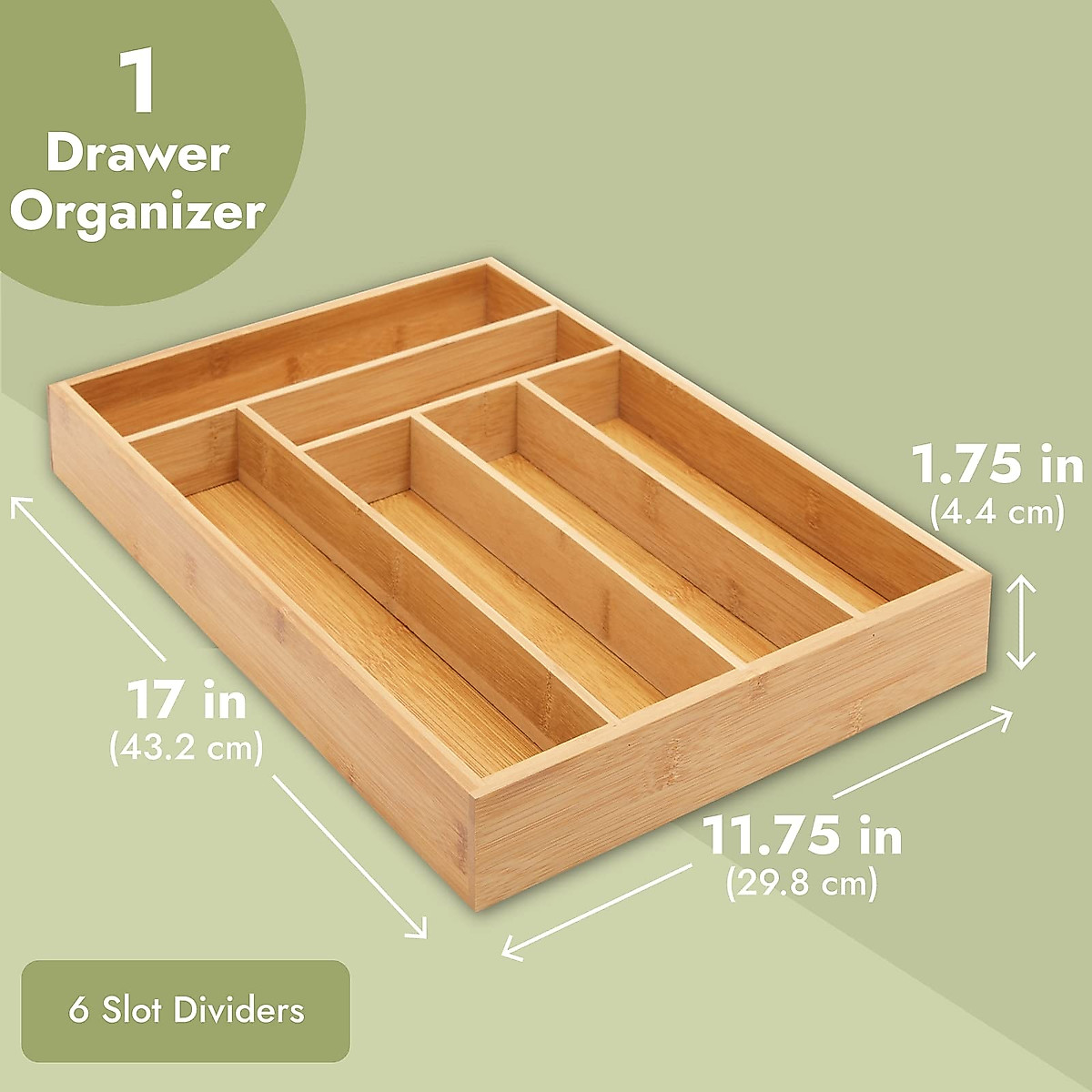 Juvale Bamboo Silverware Drawer Organizer, Wooden Cutlery Tray Holder for Kitchen, Flatware & Utensil Storage with 6 Slots, 17 x 11.75 x 1.75 Inches