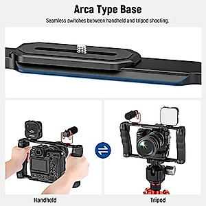 NEEWER Video Camera Cage Rig with Arca Type Base, Dual Grips, 3/8" ARRI Locating & 1/4" Threads, Cold Shoes, Universal Camera Stabilizer Compatible with SmallRig NEEWER Baseplate 15mm Rods, CA016