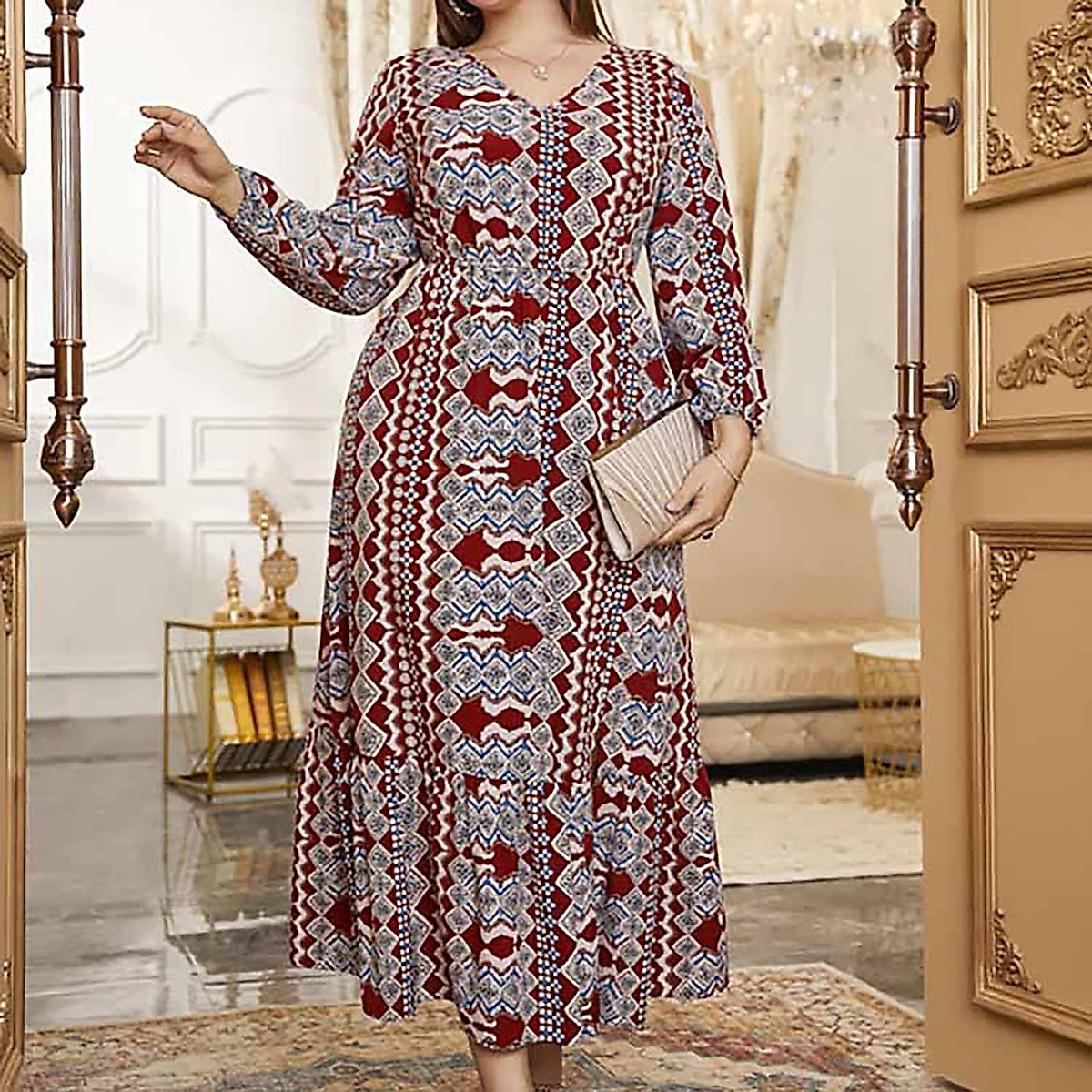 Dresses for Women Plus Size Women's Summer Casual V Neck Geometric Print Long Sleeved Loose Elastic Waist Dress Long Red