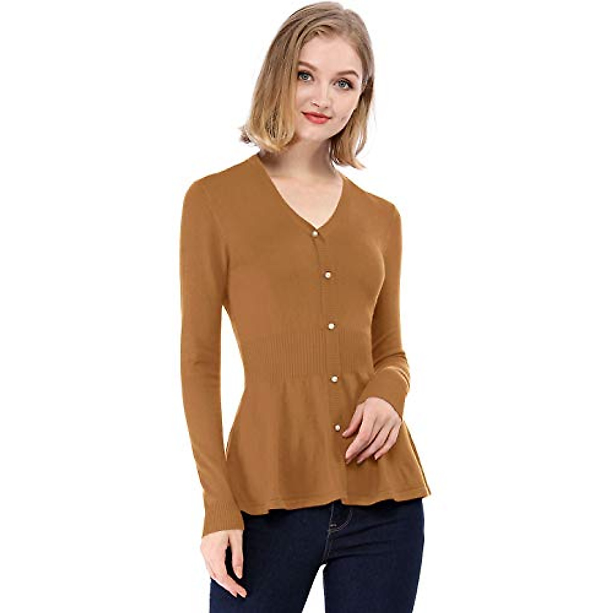 Allegra K Women's Peplum Sweater Ribbed V Neck Long Sleeve Knit Peplum Tops X-Small Brown