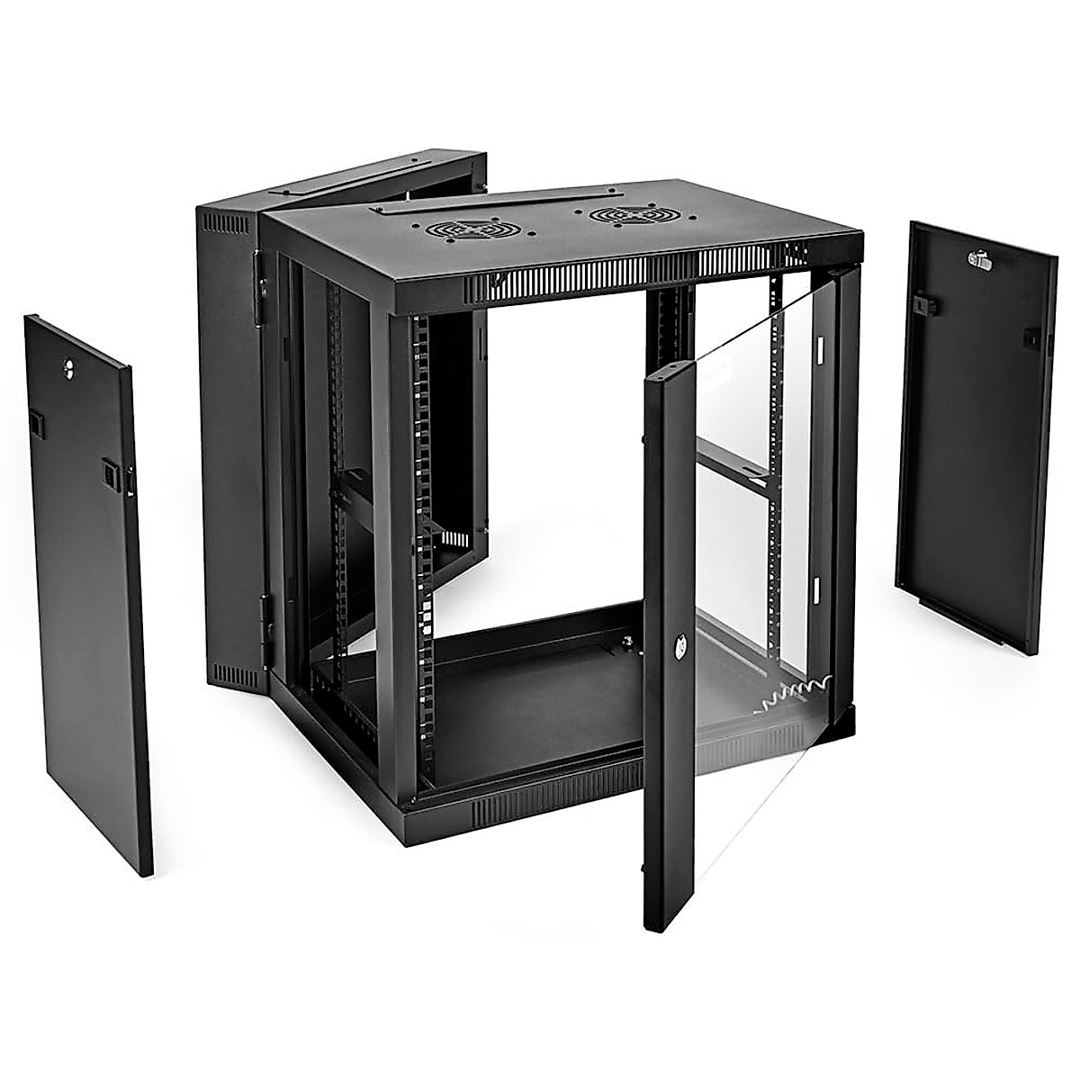NavePoint 12U Server Cabinet with Hinged Back - 17.7” Deep, 12U Server Rack Enclosure with Locking Glass Door, Wall Mount Rack with Removable Side Panels, 12U Network Cabinet with 2 Fans, Assembled