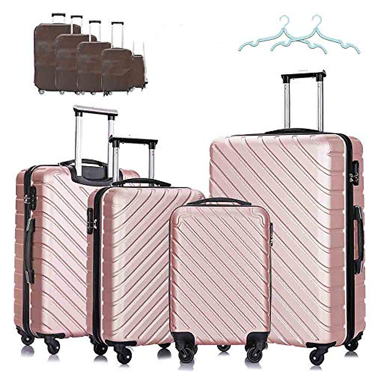 Apelila 4 Piece Hardshell Luggage Sets,Travel Suitcase,Carry On Luggage with Spinner Wheels Free Cover&Hanger Inside (Rose Gold)