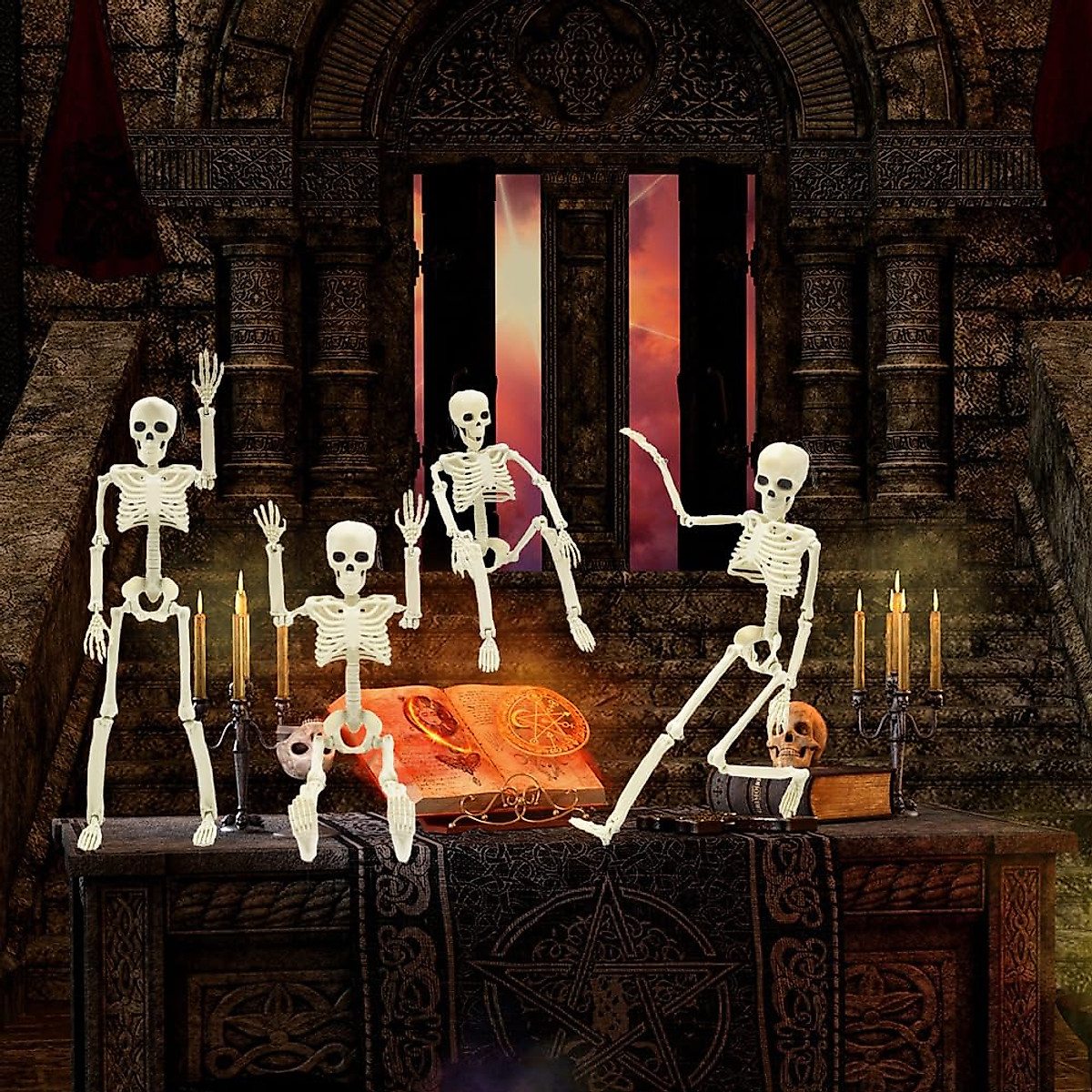 4 Packs Posable Halloween Skeleton, Full Body Skeleton Decoration Movable Posable Joints Skeletons, Scary Plastic Skeleton Halloween Skull Decor for Yard Garden Lawn Haunted House Graveyard Props