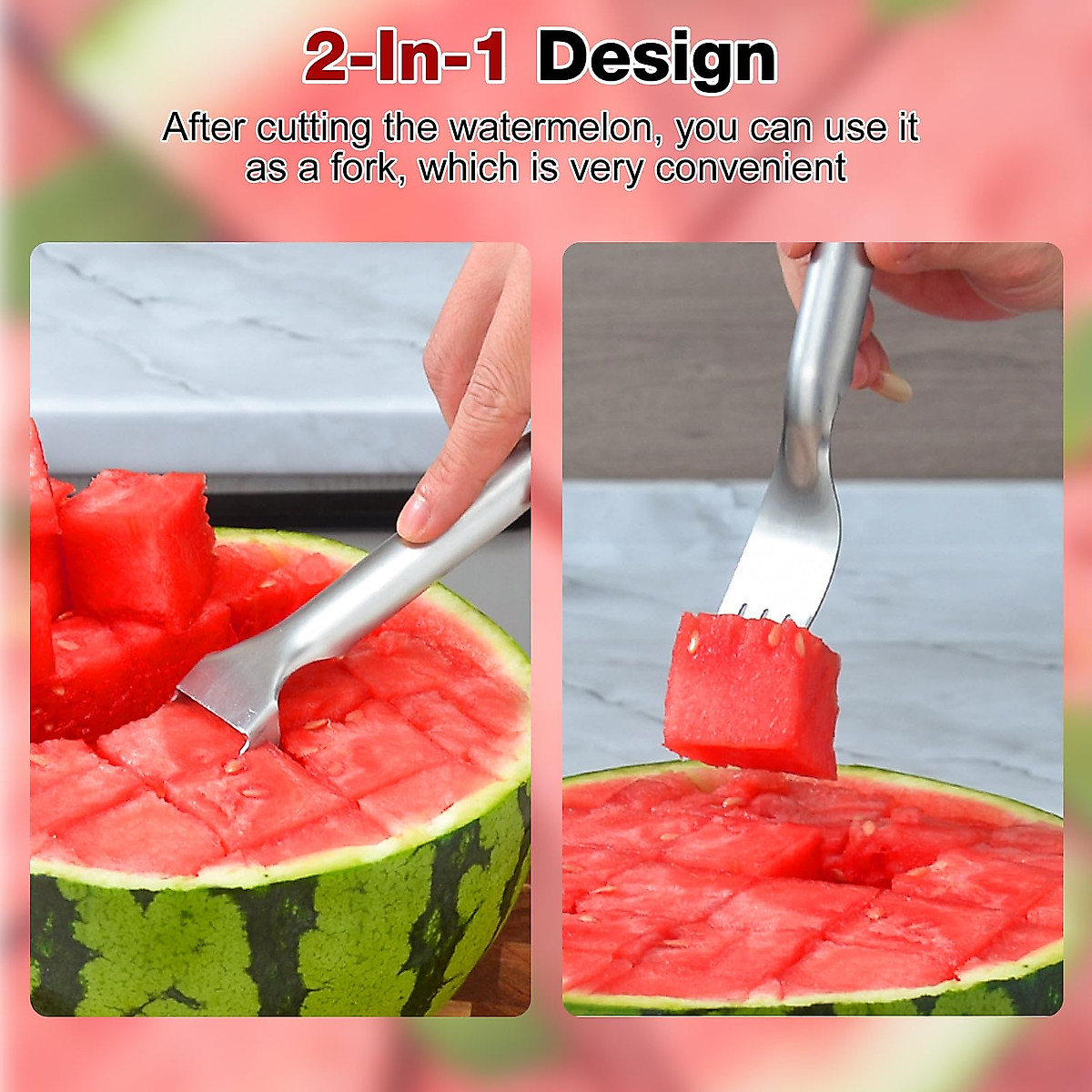 2-in-1 Stainless Steel Fruit Cutter,2024 New Watermelon Fork Slicer Cutter Slicer Tool,Dual Head Fruit Knife, Summer Fruit Forks Slicer Knife for Family Parties Camping Party (3 PCS)