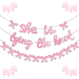 JeVenis She is Tying The Knot Banner Tie The Knot Bridal Shower Decor Pink Bow Banner Garland Coquette Bachelorette Party Decorations