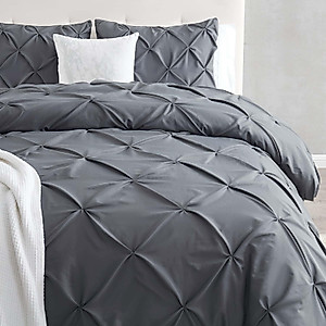 Nestl Grey Duvet Cover Queen Size - Pintuck Queen Duvet Cover Set, 3 Piece Double Brushed Duvet Covers with Button Closure, 1 Pinch Pleated Duvet Cover 90x90 inches and 2 Pillow Shams