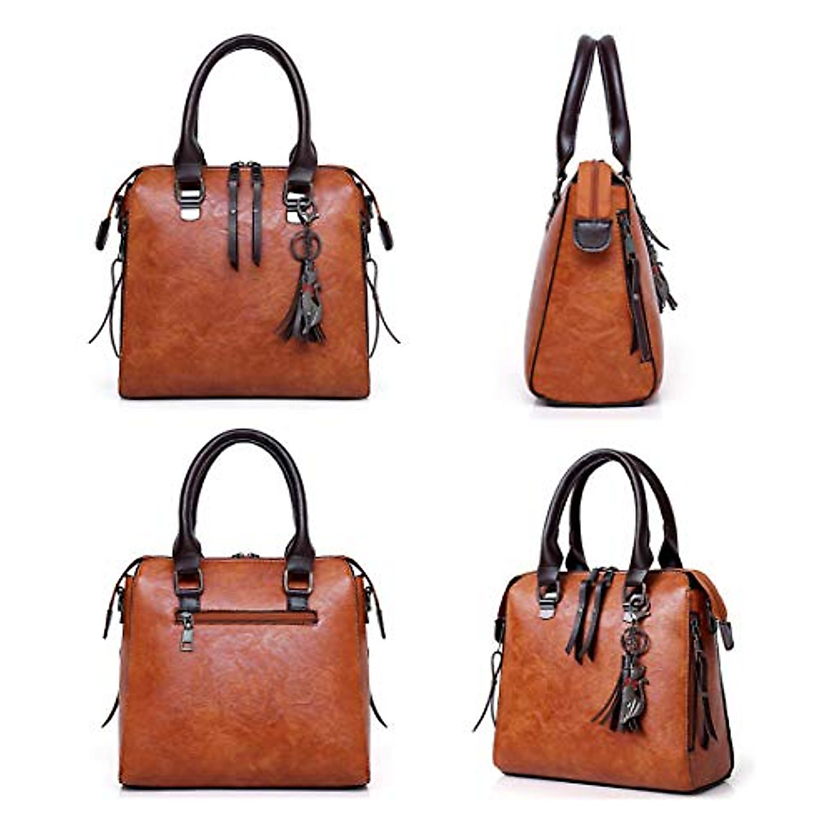 GJGJTER Synthetic PU Leather Tote for Women Satchel Crossbody Hobo 4pcs Handbags Shoulder Bags Tassel Fox Ornament-Brown