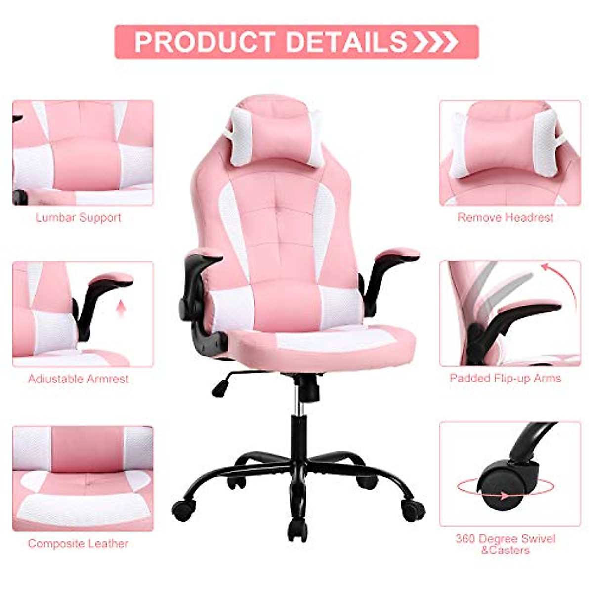 Gaming Chair Pink Meet Perfect Ergonomic Office Chair Desk Chair Leather Computer Chair Lumbar Support and Head Pillow Modern Executive Chair Adjustable Rolling Swivel Task Chair for Girls Women Teens