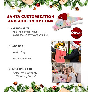 DolliBu Santa Rainbow Dolphin Stuffed Animal Plush Toy - Super Soft Wild Animal Dress Up with Red Santa Claus Hat, Wildlife Gift, Perfect Holiday with Name Personalization - 14 Inches