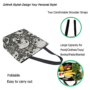 ZzWwR Horrible Dark Skulls Flowers Pattern Extra Large Canvas Market Beach Travel Reusable Grocery Shopping Tote Bag Portable Storage HandBags