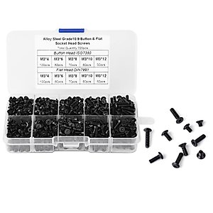 720PCS M3 Hex Bolt Screw Assorted M3x4mm 6mm 8mm 10mm 12mm Black Alloy Steel Pan & Flat Head Hex Socket Screws with Plastic Box