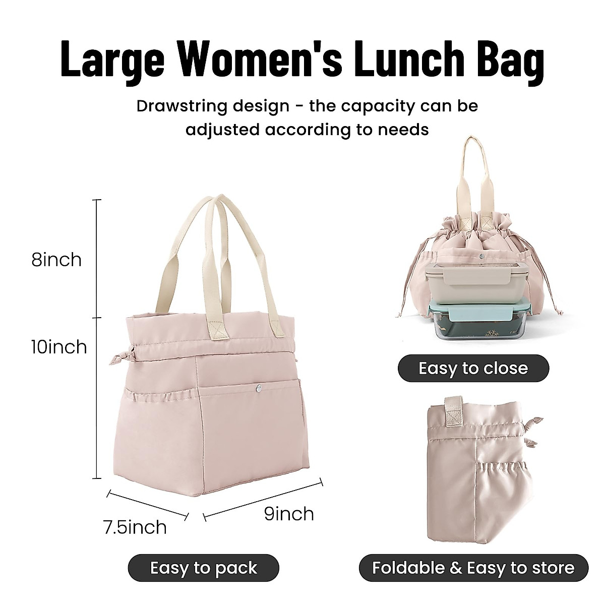 MEXS Lunch Bag for Women Reusable Drawstring Insulated Lunch Box Stain-Resistant Large Cinch Closure Lunch Bags for Work Office