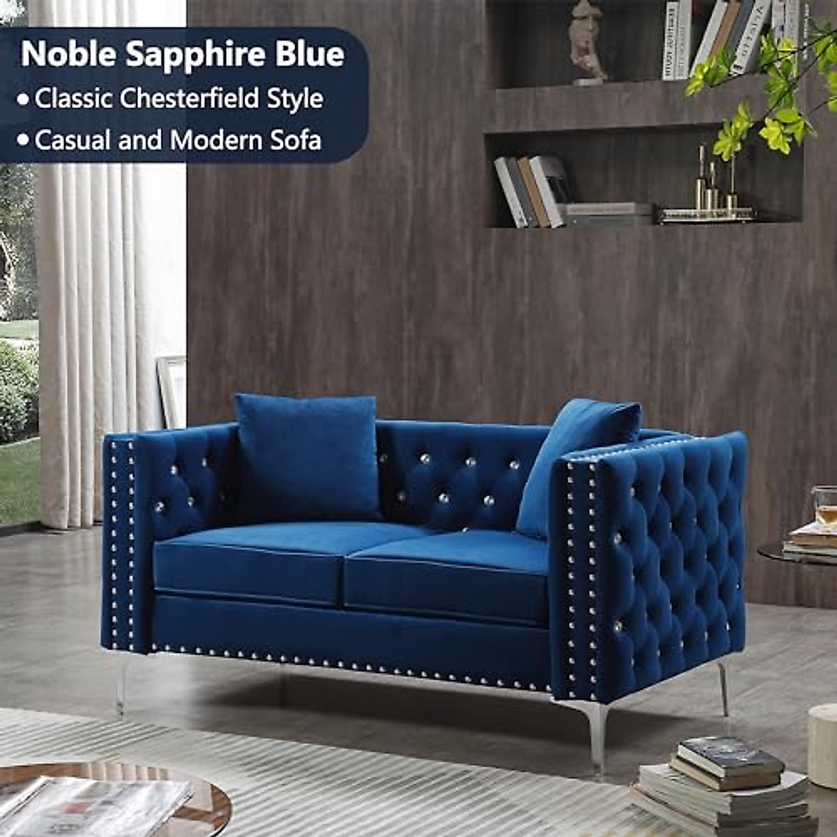 Fulocseny 2 Piece Modern Velvet Upholstered Living Room Sofa Set with 3-Seater Sofa and Loveseat, Jeweled Button Tufted Copper Nails Square Arms, 4 Pillows Included,5 Seater (Blue + Velvet)