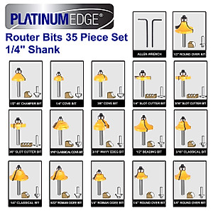 PLATINUMEDGE Router Bits Set, Tungsten Carbide Router Bits Set 1/4 Shank, Router Bit Kit for DIY, Woodworking Project, 35 Piece Set with Premium Aluminum Carry Storage Case