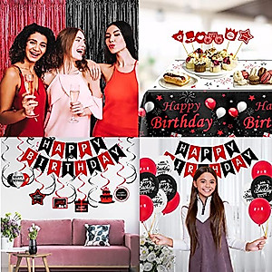 Red and Black Birthday Decorations for Men Women, Happy Birthday Party Decor for Boys Girls with Birthday Banner Tablecloth Curtains Crown Balloons Hanging Swirls Pendants for Bday Party Suppliers