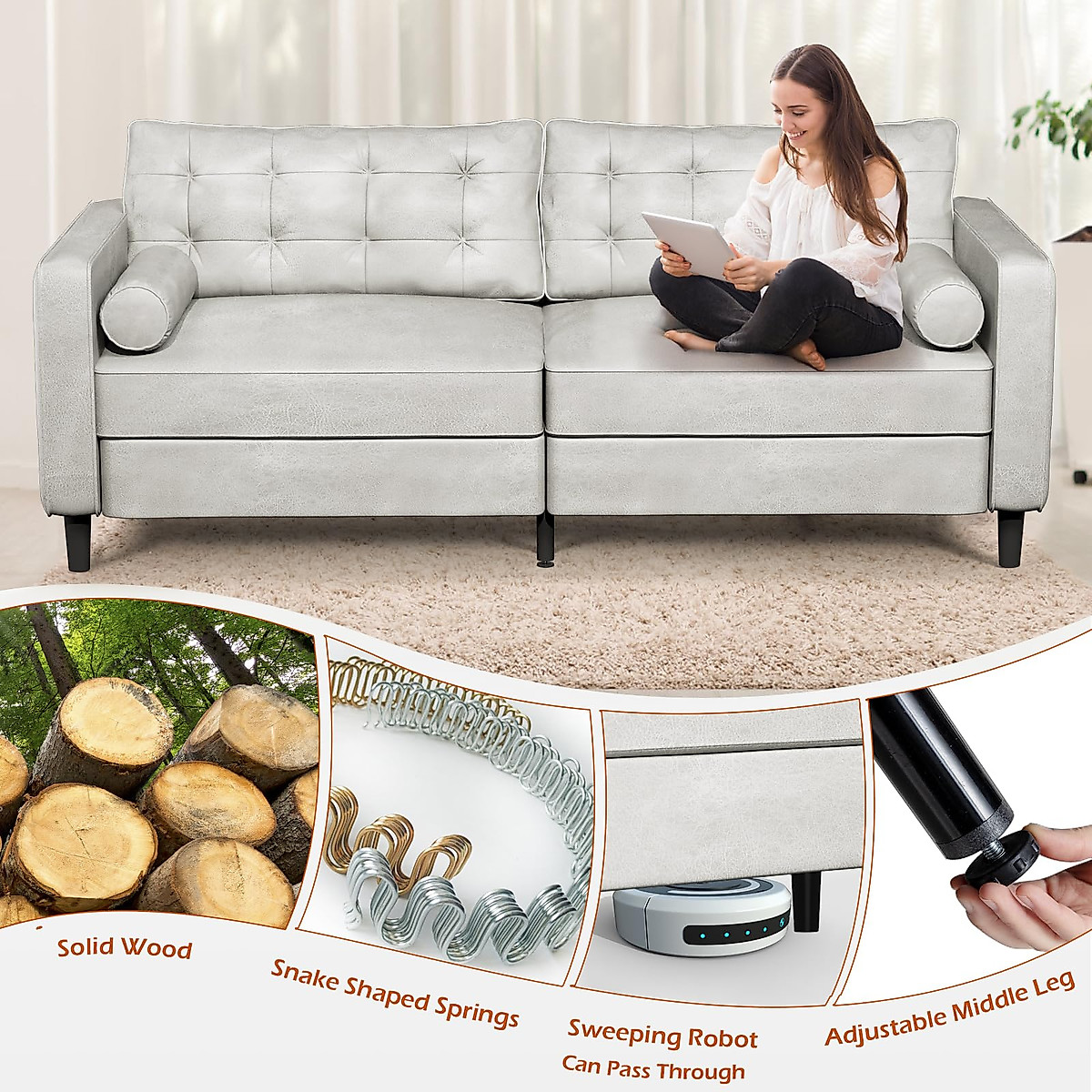 YODOLLA 84.2 Inch Faux Leather Sofa Couch with 2 Bolster, Large Mid Century Modern Couch with 2 Bolster Pillows 3 Seats Sofa Couch for Living Room, White