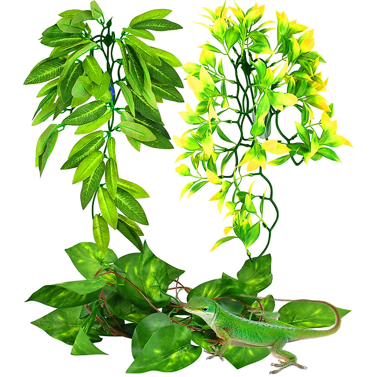 KATUMO Reptile Plants, 3 PCS Amphibian Hanging Plants with Suction Cup for Lizards, Geckos, Bearded Dragons, Snake, Hermit Crab Tank Pets Habitat Decorations