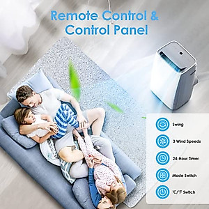 Rintuf 12000 BTU Portable Air Conditioner, 550 sq.ft, 2023 Ultra Quiet 3-in-1 Portable AC Unit, Wide Oscillation, 24H Timer, Air Conditioner Portable for Room, Remote Control & Window Mount Kit