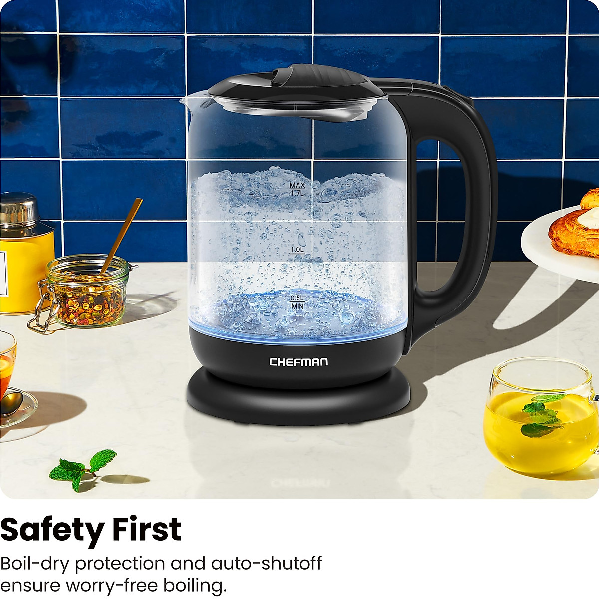 Chefman 1.7 Liter Electric Glass Tea Kettle, Fast Hot Water Boiler, One Touch Operation, Boils 7 Cups, Swivel Base & Cordless Pouring, Auto Shut-Off