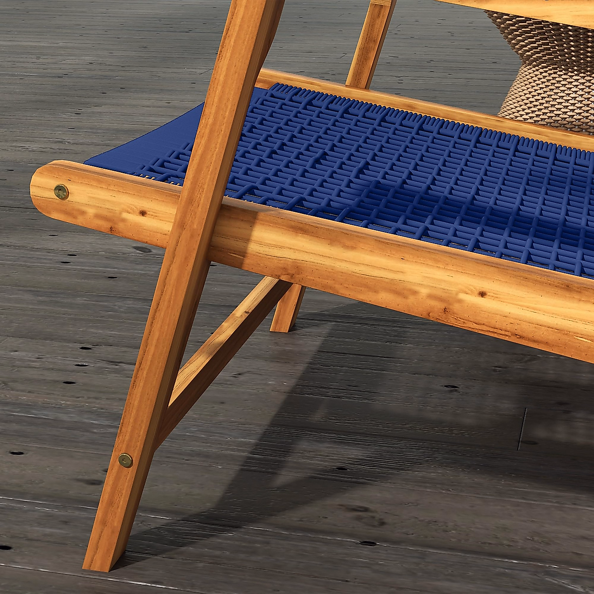 Outsunny Patio Acacia Wood Adirondack Chair, Modern Wood Fire Pit Chair with PP Rope Weave, Coconino Lounge Chair with High Backrest Support, Dark Blue