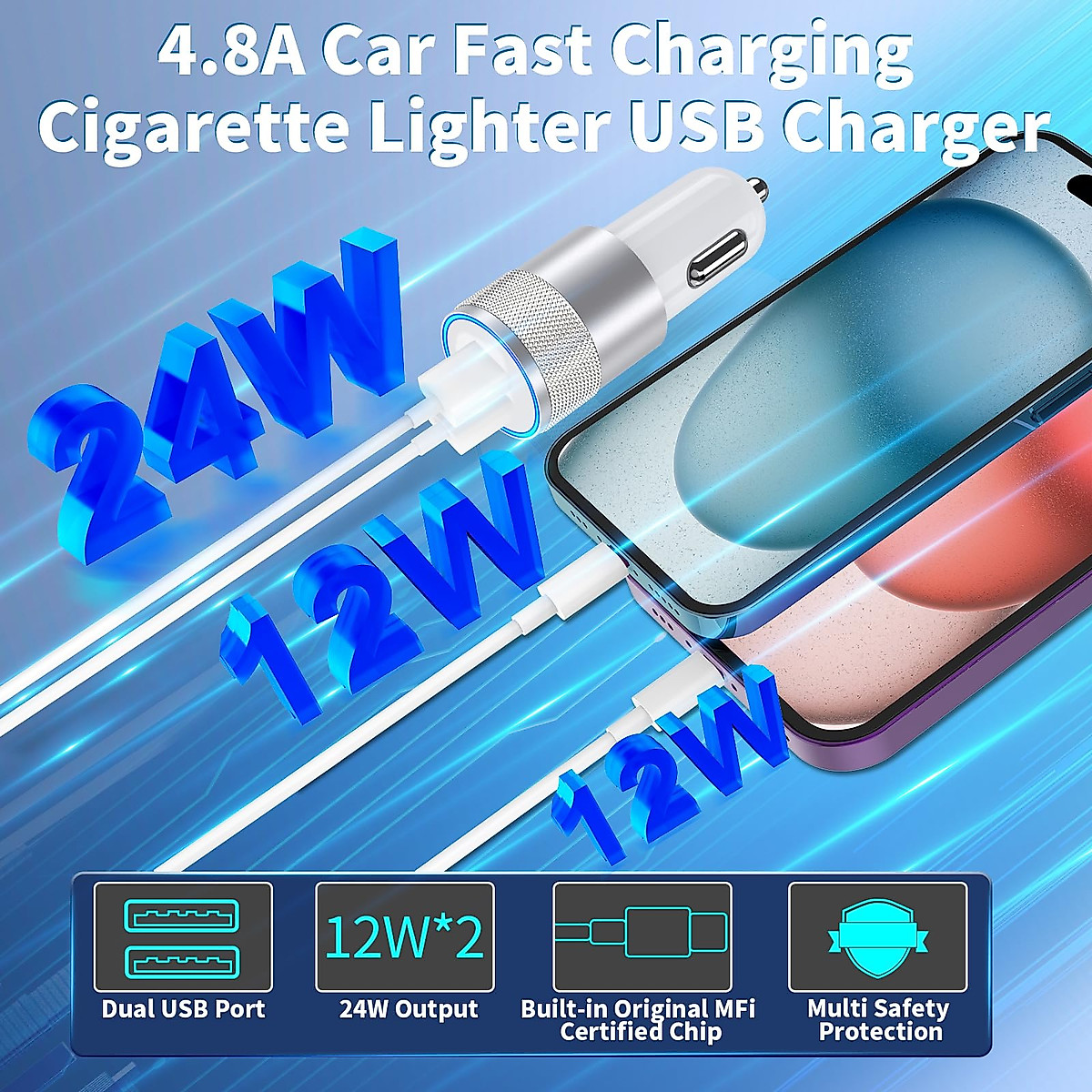 【MFi Certified】iPhone 15 Fast Car Charger, Braveridge 4.8A USB Car Charger Fast Charging Cigarette Lighter USB-C Car Charger+2Pack Type-C Charge Cable for iPhone 15 Plus/15 Pro/15 Pro Max/iPad Pro/Air