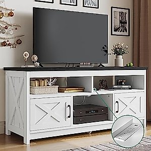 YITAHOME Farmhouse TV Stand for 65 inch with Power Outlet, Mid Century Modern Wood TV Table Media Console with Storage Cabinet and Open Shelves for Living Room, Bedroom, Black/White