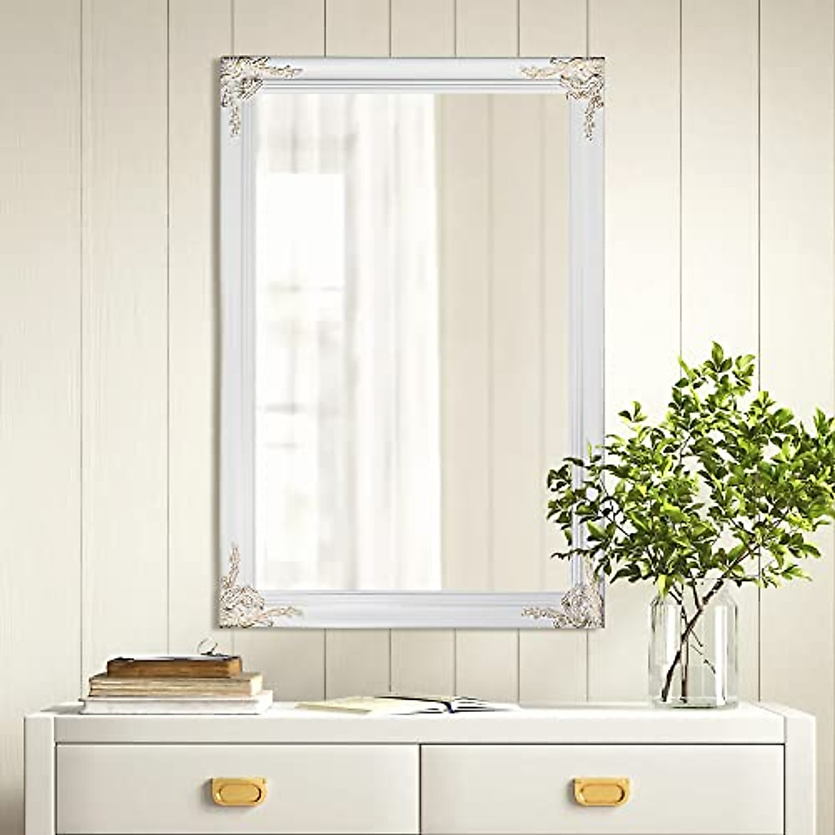 24x36 Inches White Wall Mirror, Wood Framed Rectangle Bathroom Mirror, Vintage Baroque Wall Mirror for Bedroom Bathroom and Living Room