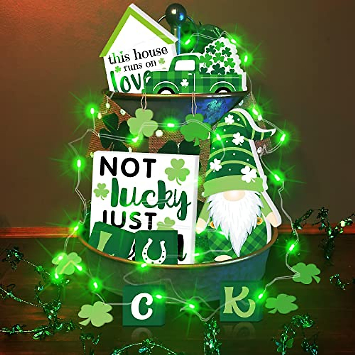 St Patricks Day Tiered Tray Decorations Set - St Patricks Day Shamrock Wooden Signs with Green String Lights for Spring Irish Saint Patricks Day Home Table Decorations