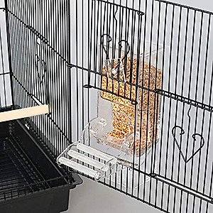 Automatic Bird Seed Feeder with Perch, Free Install Acrylic Transparent Parrot Foraging Feeders Cage Accessories for Small and Medium Parrots Parakeets Cockatiels Lovebirds Sun Conures Caique Finches