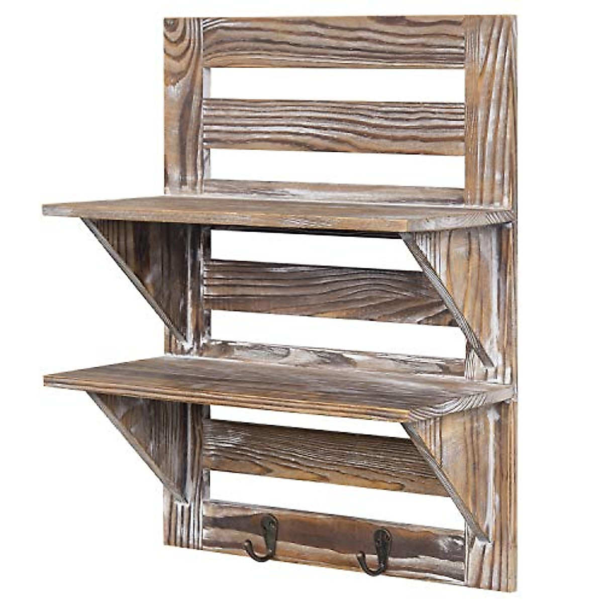 MyGift 2-Tier Torched Whitewashed Wood Wall Mounted Shelf Rack with Key Hooks, Entryway Storage Display Shelves, Bathroom Shelving and Towel Hooks, 7 x 13-Inches
