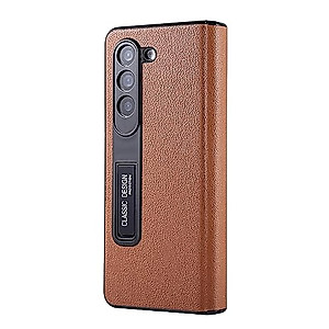 EKSED Case for Samsung Galaxy Z Fold 5, Genuine Cowhide Leather Cover Folding Stand Magnetic Hinge Protection Case,Brown