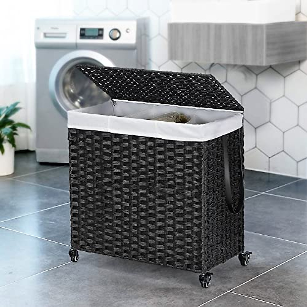 Giantex Laundry Hamper on Wheels, 3 Section 125L w/2 Liner Bags, Rattan Divided Laundry Sorter Clothes Basket w/Lid Handle for Bathroom (Black)