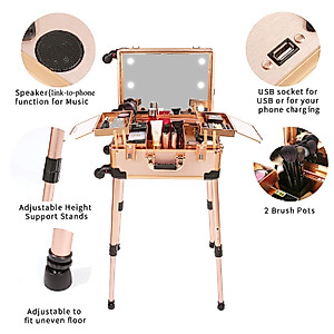 Jula Vance Medium Makeup Train Case with Code Lock, Lighted Mirror, Speaker Travel Cosmetic Organizer Box, Professional Artist Trolley Studio Free Standing Case