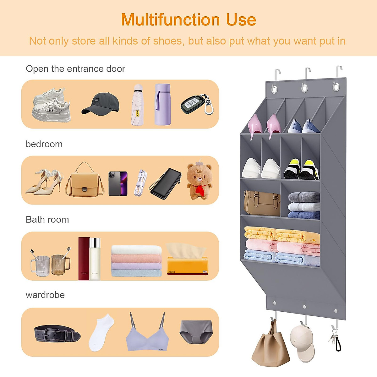 QINGUANG Over the Door Shoe Organizer for Closet, 2 Pack Hanging Shoe Rack, Oxford Fabric Shoe Storage Organizer, Shoe Holder Behind the Door with 11 Pockets,6 Hooks Each, Grey