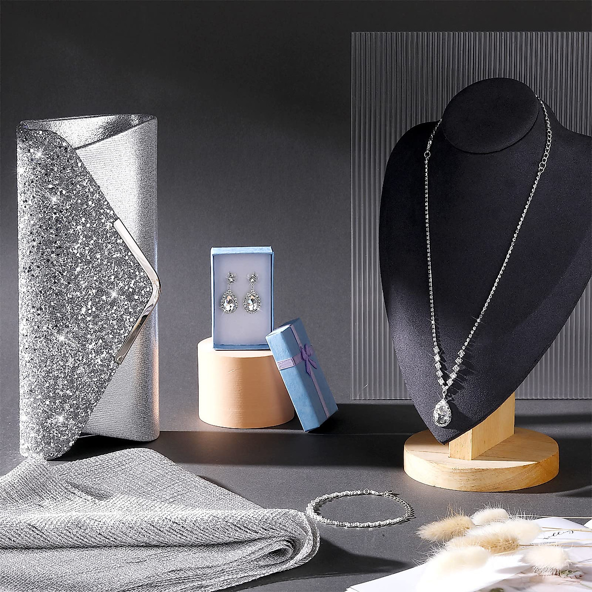 Tiamon 5 Pcs Rhinestone Jewelry Sets Shawls and Wraps Formal Clutch Purses for Women Evening Party Prom Bridal Weddings(Silver, Glitter)