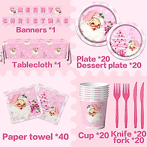 Christmas Party Supplies, 142Pcs Christmas Dinnerware Set Includes Pink Santa Claus Snowflake Napkins and Plates,Cups,Banner,Xmas Tablecloth for Merry Christmas Holiday Party, Serves 20